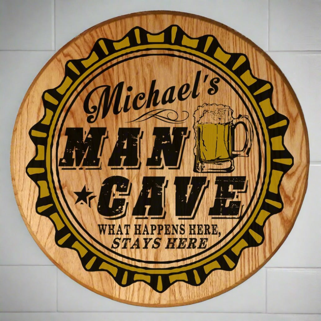 Personalized Man Cave Barrel Head Sign – Wine Wicks & Gifts