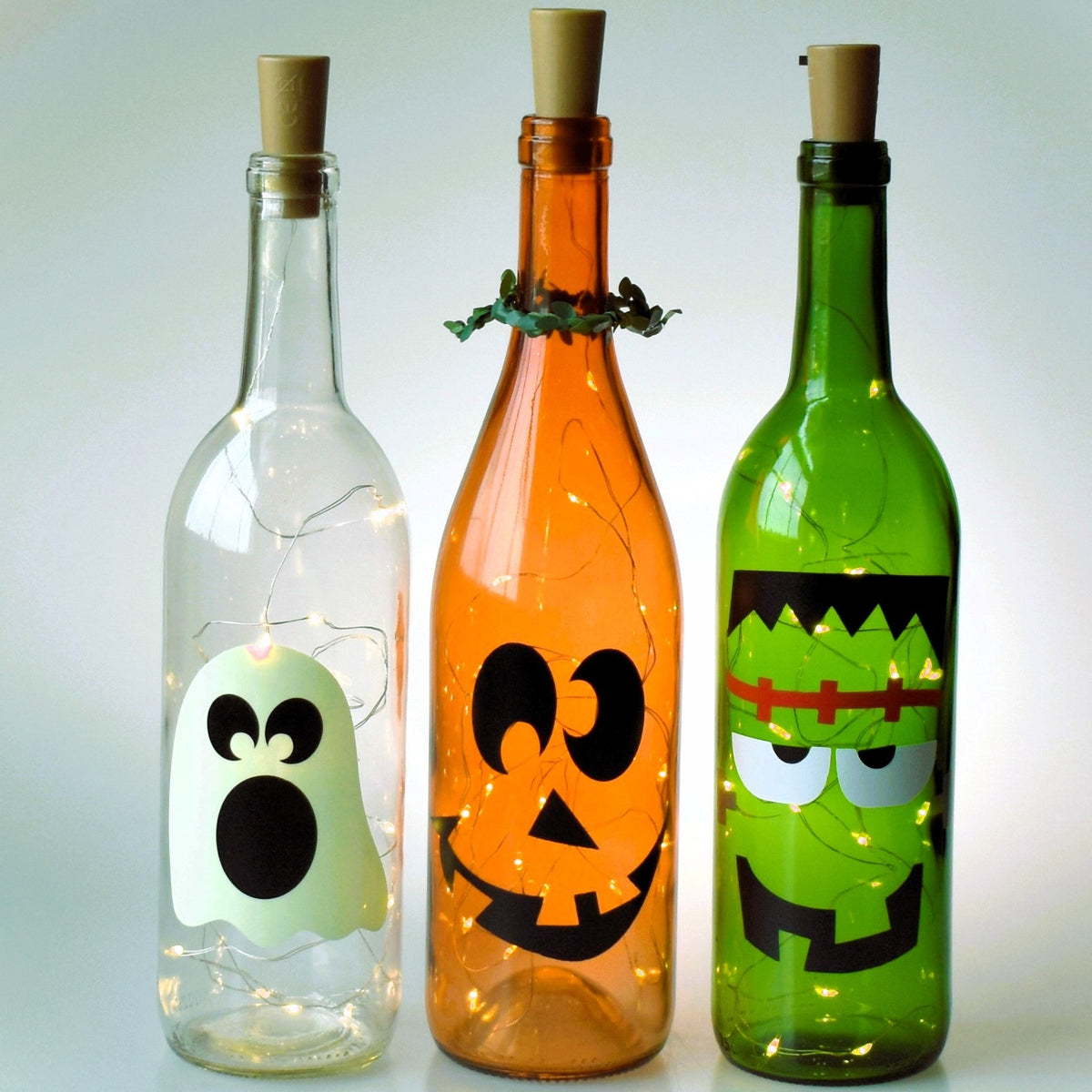 Halloween Wine Bottle Decorations with or Without String Lights - Ghos ...