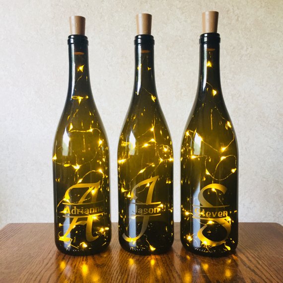 Custom Etched Split Monogram Wine Bottle With Twinkle Fairy Lights Pow ...